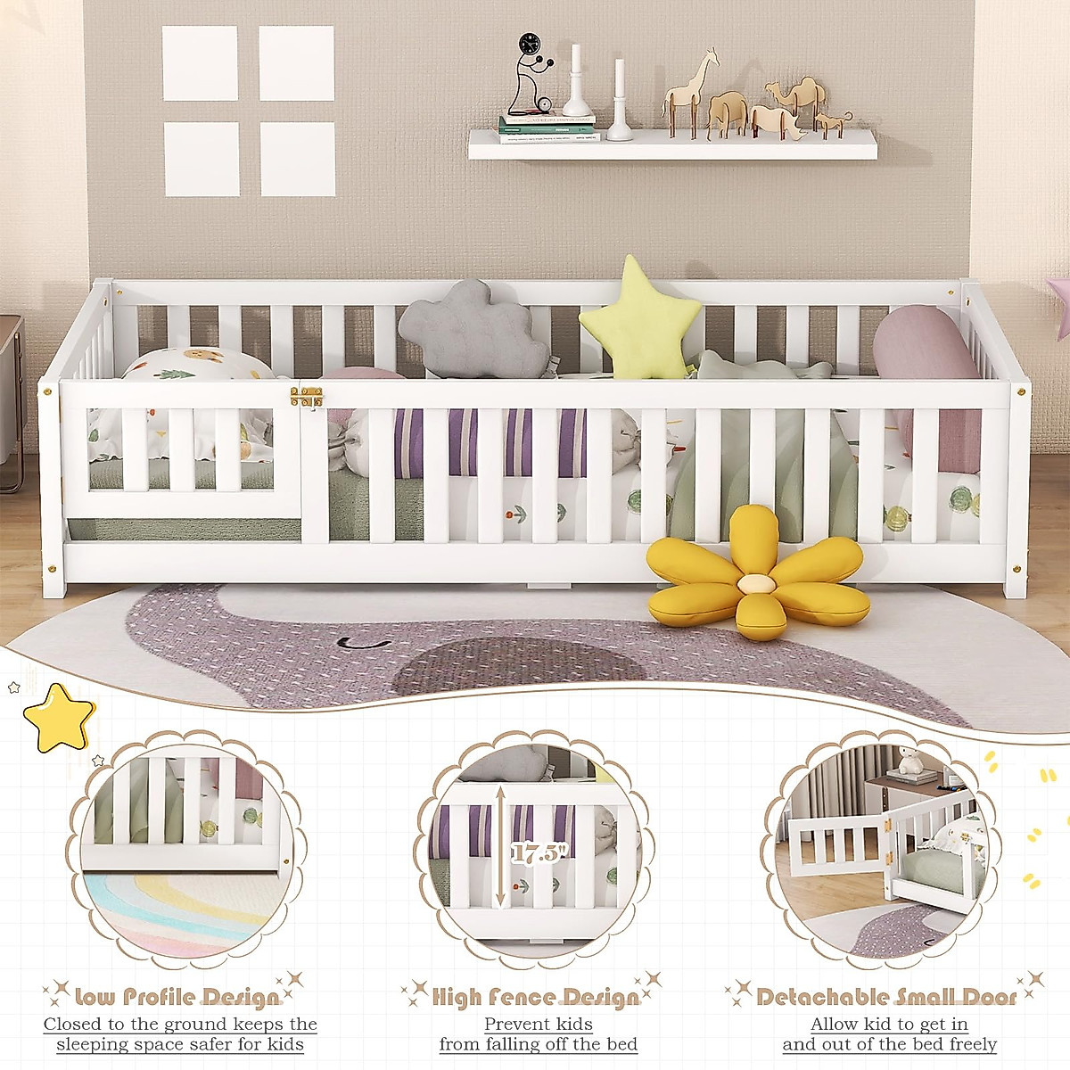 GEEVIVO Twin Size Montessori Floor Bed, Kids 1-3 Wooden Playhouse Bed Frame w/Door, Slats and Safety Fence, Floor-Bed-Frame for Children Bedroom, Boys Girls, Kids Playroom