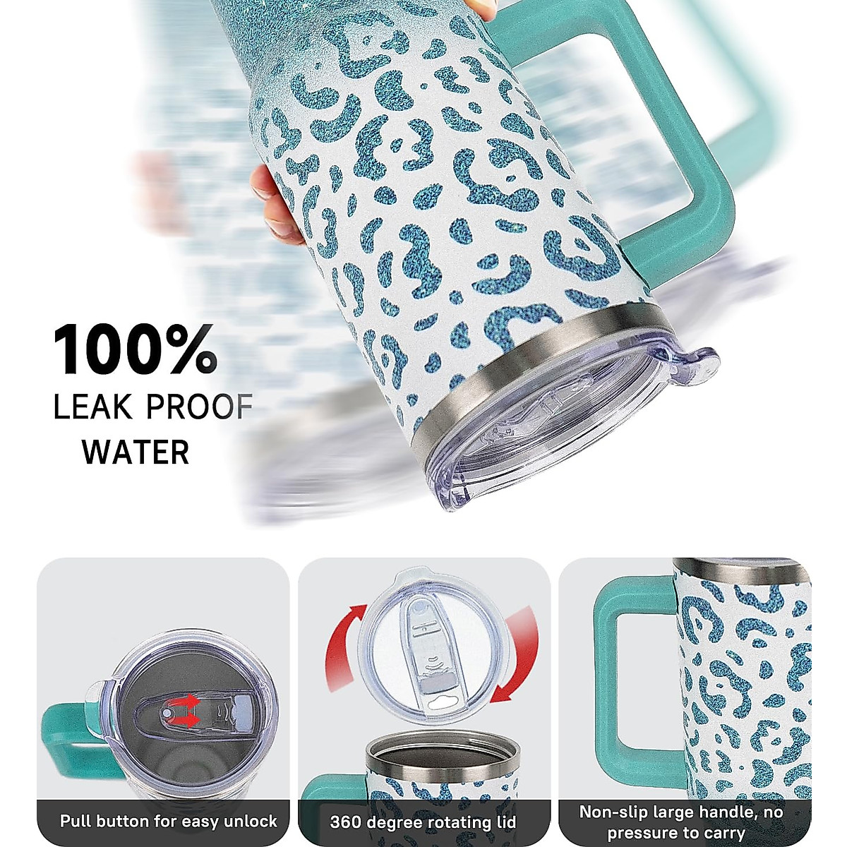 Rcvlauf 40oz Tumbler with Handle and Straw Leopard Tumbler Leak Proof Insulated Cup 40oz Mint Green Leopard Coffee Travel Mug Leopard Decor Stuff Gifts for Women