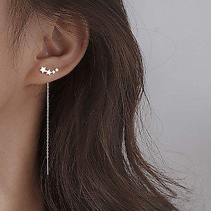 SLUYNZ 925 Sterling Silver Stars Earrings Dangle for Women Long Chain Threader Earrings Tassel