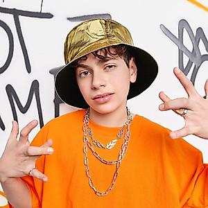 SATINIOR 2 Pcs Metallic Bucket Hat Unisex Trendy Fisherman Hat Reversible Foldable Packable Cap Double Side Hat Hip Hop for Men Women Teen (Gold)