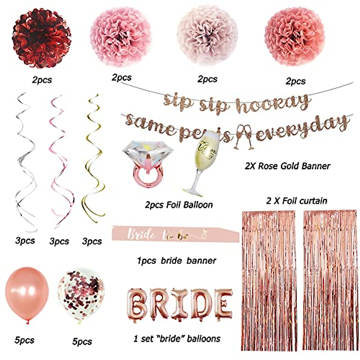 MEYSIMOON Bachelorette Party Decorations Kit Bridal Shower Supplies Rose Gold Ring Balloons,Banner,Bride to Be Sash,Curtain for Hens Night Party Decoration