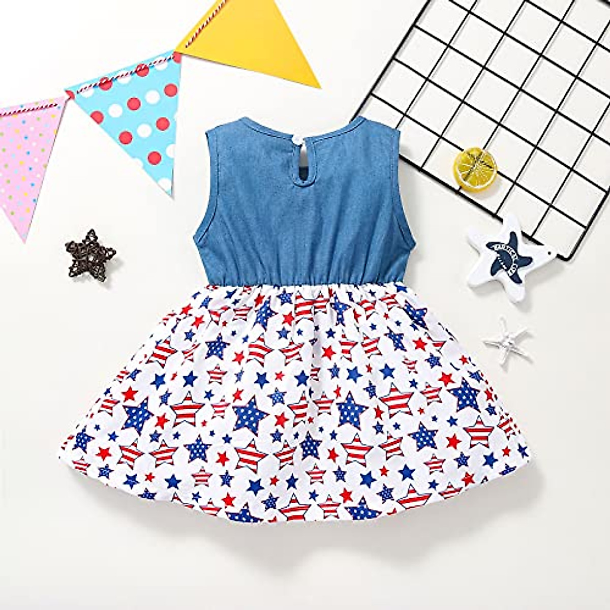 Toddler Girls Princess Dress Sleeveless Ruffled Button Denim Tops Stars Tutu Skirts One-Piece Outfit Sundress