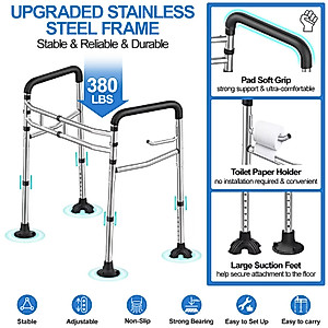 UGarden FSA/HSA Eligible Toilet Safety Rail, 380LB Stainless Steel Toilet Frame with Padded Handles&Paper Holder, Adjustable Detachable Handicap Toilet Rails, Foldable Toilet Support Frame for Elderly