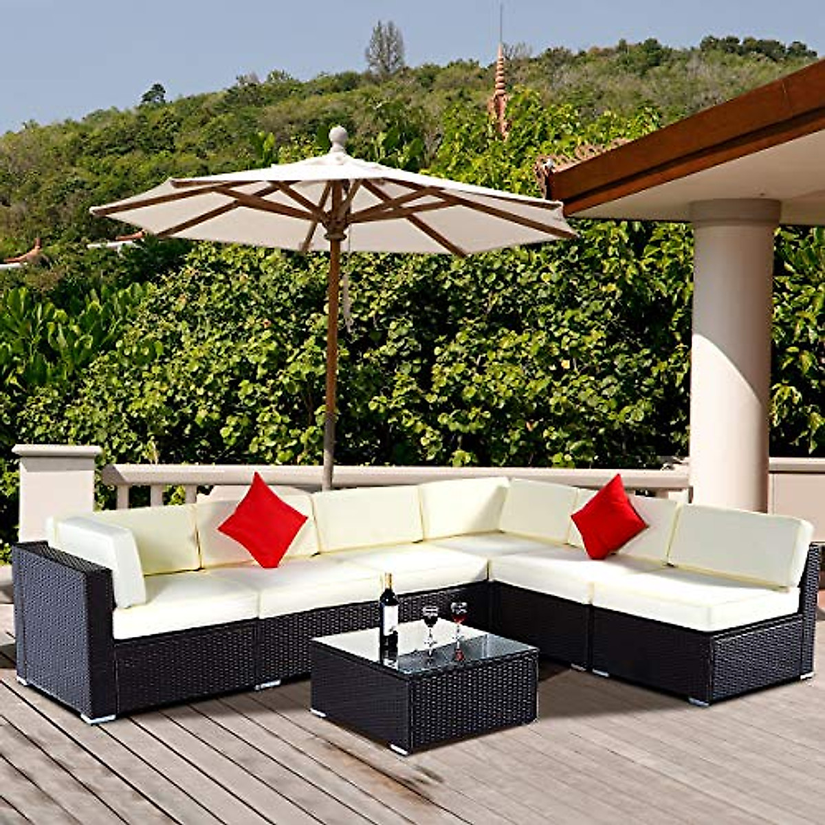 Tangkula 7 pcs Wicker Furniture Set Rattan Wicker Sofas Garden Lawn Patio Sectional Furniture Set Conversation Set with Weather Resistant Coffee Table and Cushioned Seat (Beige Cushion in Glass)