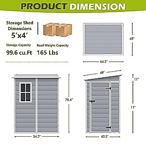 Homall Resin Outdoor Storage Shed, 5X 4 FT Garden Tool Sheds & Outdoor Storage House with Single Lockable Door for Backyard Garden Patio Lawn