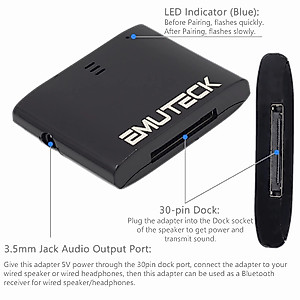 EMUTECK 30 Pin Bluetooth 5.0 Receiver Stereo Adapter for Bose SoundDock 2 and Other 30-pin Dock Speakers, with 3.5mm Aux Cable, for iPhone iPod Music Docking Stations (Not for Cars)