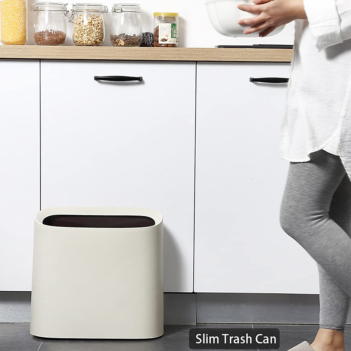 Doyingus Slim Trash Can Plastic Rectangular Wastebasket 2.4 Gallon Garbage Container Bin for Bathroom Bedroom Office Kitchen (White)