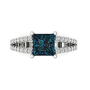 Clara Pucci 2.39ct Princess cut Custom Engraving Solitaire split shank London Blue Topaz Statement Art Deco Ring 14k White Gold SZ 9.5
