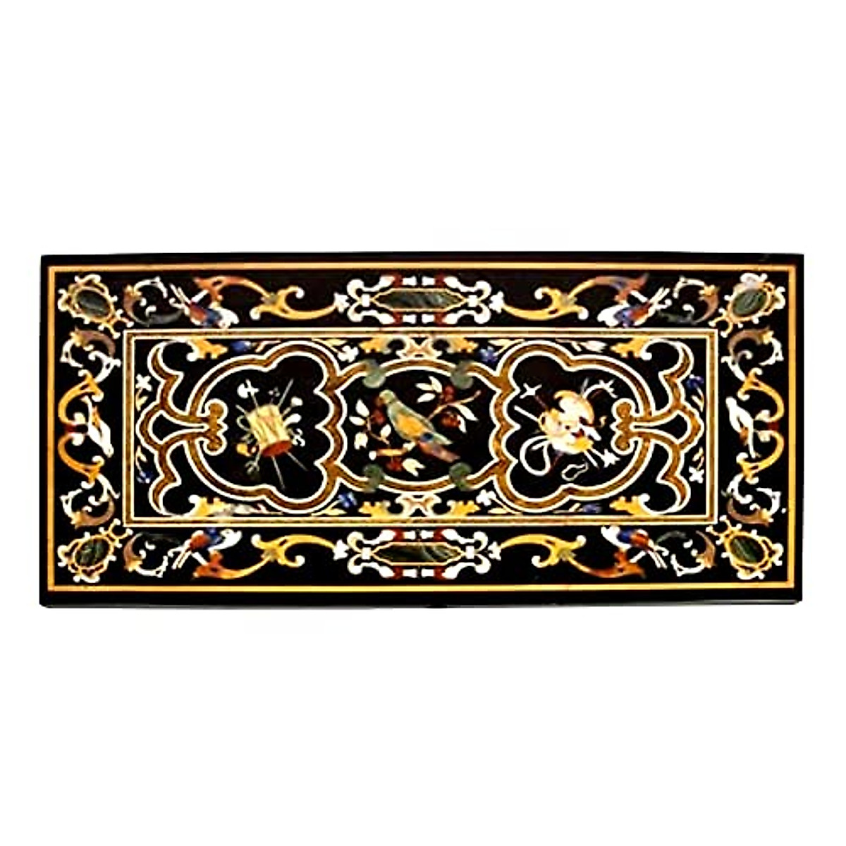 48" X 30" Inch Natural Black Marble Dining Table Pietra Dura Floral Marquetry Patio Table, Outdoor Furniture Table, Italian Style Table