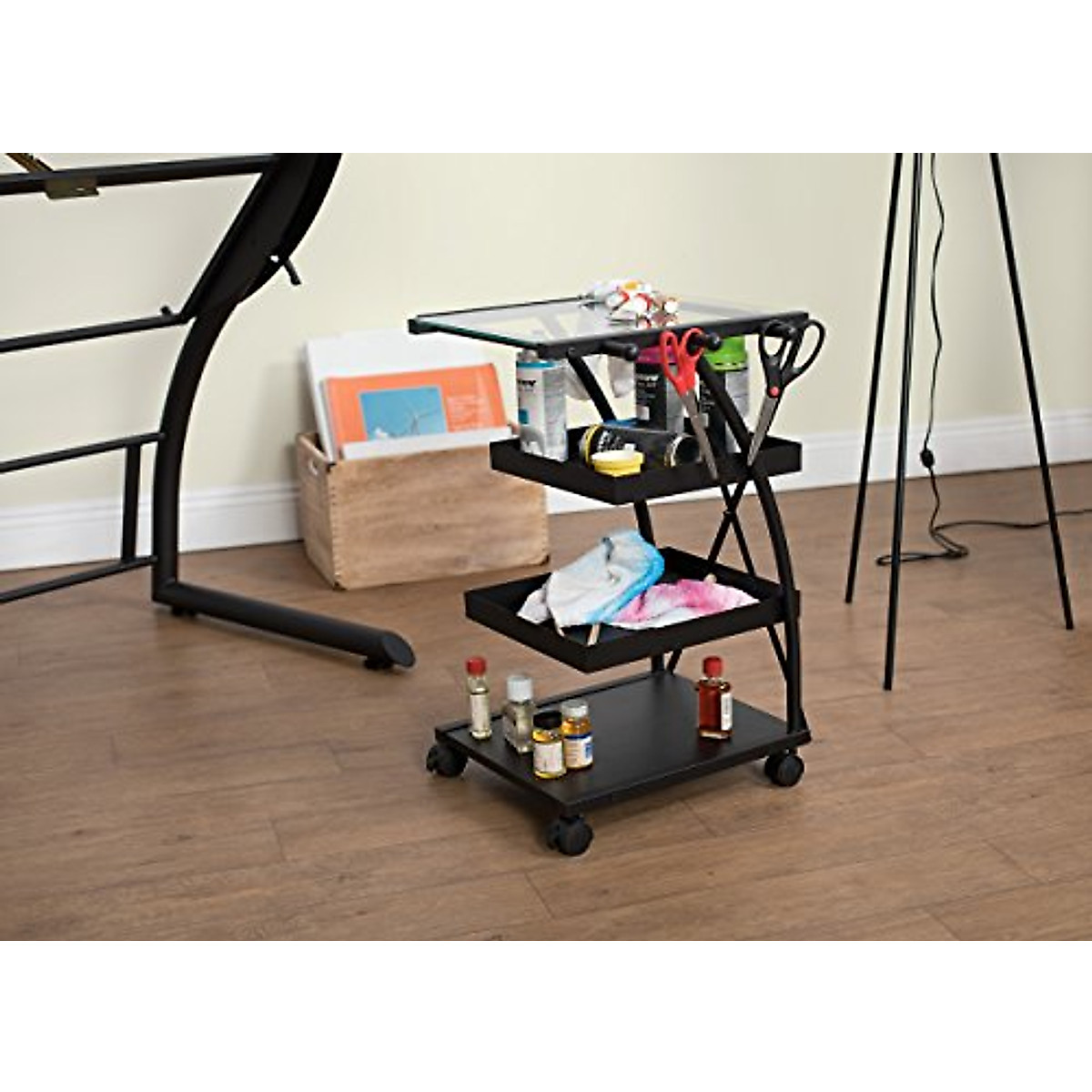 SD Studio Designs Modern Triflex Mobile Storage Taboret for Arts and Crafts, Charcoal Black/Clear Glass