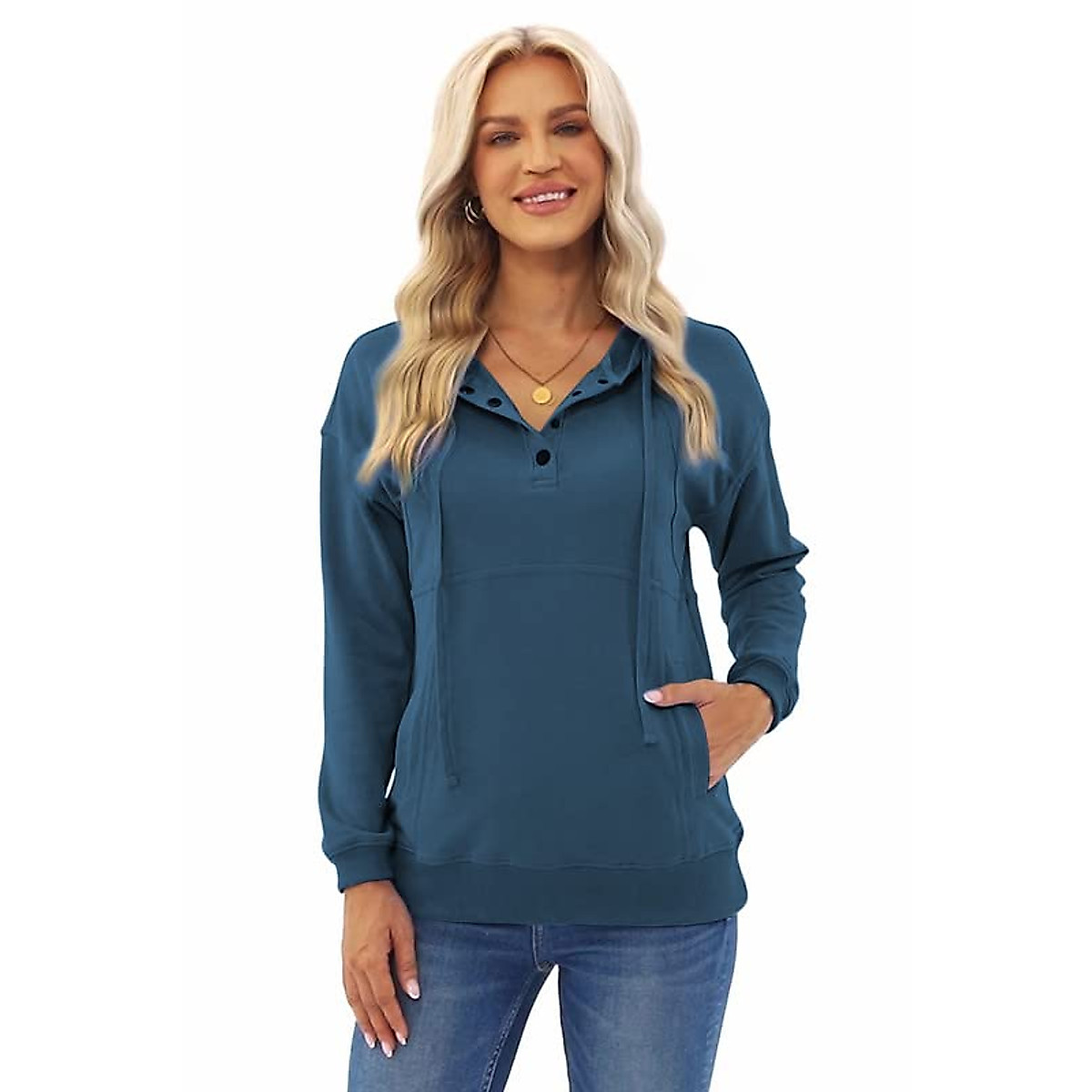 Diukia Women's Casual Button V Neck Solid Color Hooded Sweatshirt 2022 Fall Warm Long Sleeve Hoodie Outwear Fashion Drawstring Pocket Pullover Tops for Ladies Navy Blue S 4-6