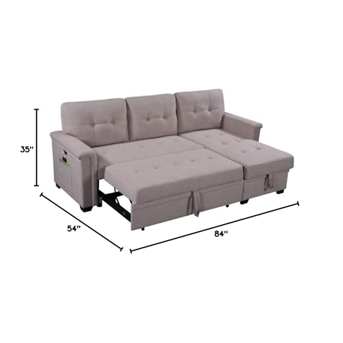 LOVMOR 84'' L-Shape Convertible Sleeper Sectional Sofa with Storage Chaise and Pull-Out Bed, Linen Upholstered Reversible Corner Couch w/USB Charger Ports and Pocket, Light Gray, 84 Inch