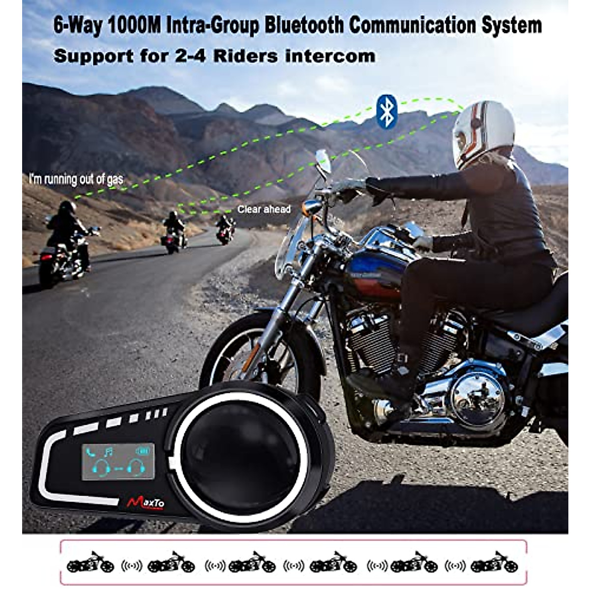 MAXTO Motorcycle Bluetooth Headset M2C 1000M 6 Riders Group Helmet Communication System with LCD Screen Universal Motorbike Intercom Waterproof Casco de Motor Intercomunicador FM/GPS/Siri(1 Pack)