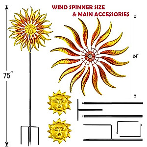 Fawgold Wind Spinner Outdoor Metal Sun Wind Sculpture Spinners for Yard Patio Lawn Garden Decoration 75 inches Double Windmill 360 Degrees Swivel Spinner with Metal Stake