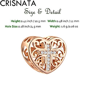Rose Gold Faith Cross Heart Charms with Clear CZ, fits Pandora Christian Bracelet, 925 Sterling Silver Religious Prayer Beads, Gifts for Christmas/Easter/Mothers Day