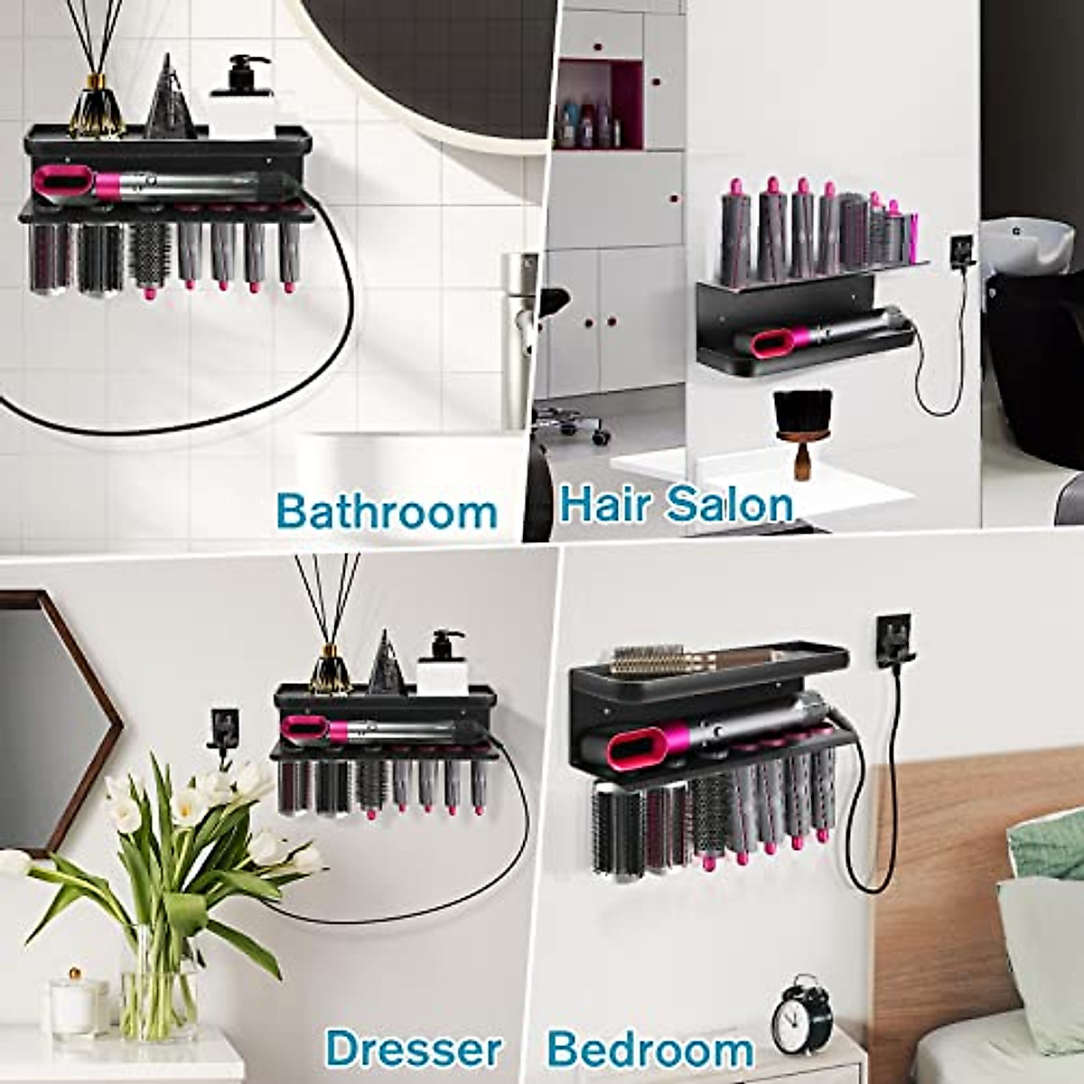 KKUYT Storage Holder for Dyson Airwrap Styler, Wall Mount Curling Iron Accessories Organizer Rack for Dyson Air Wrap Attachments, Hair Dryer Rack with Air Cushion Comb & Adhesive for Home Bathroom
