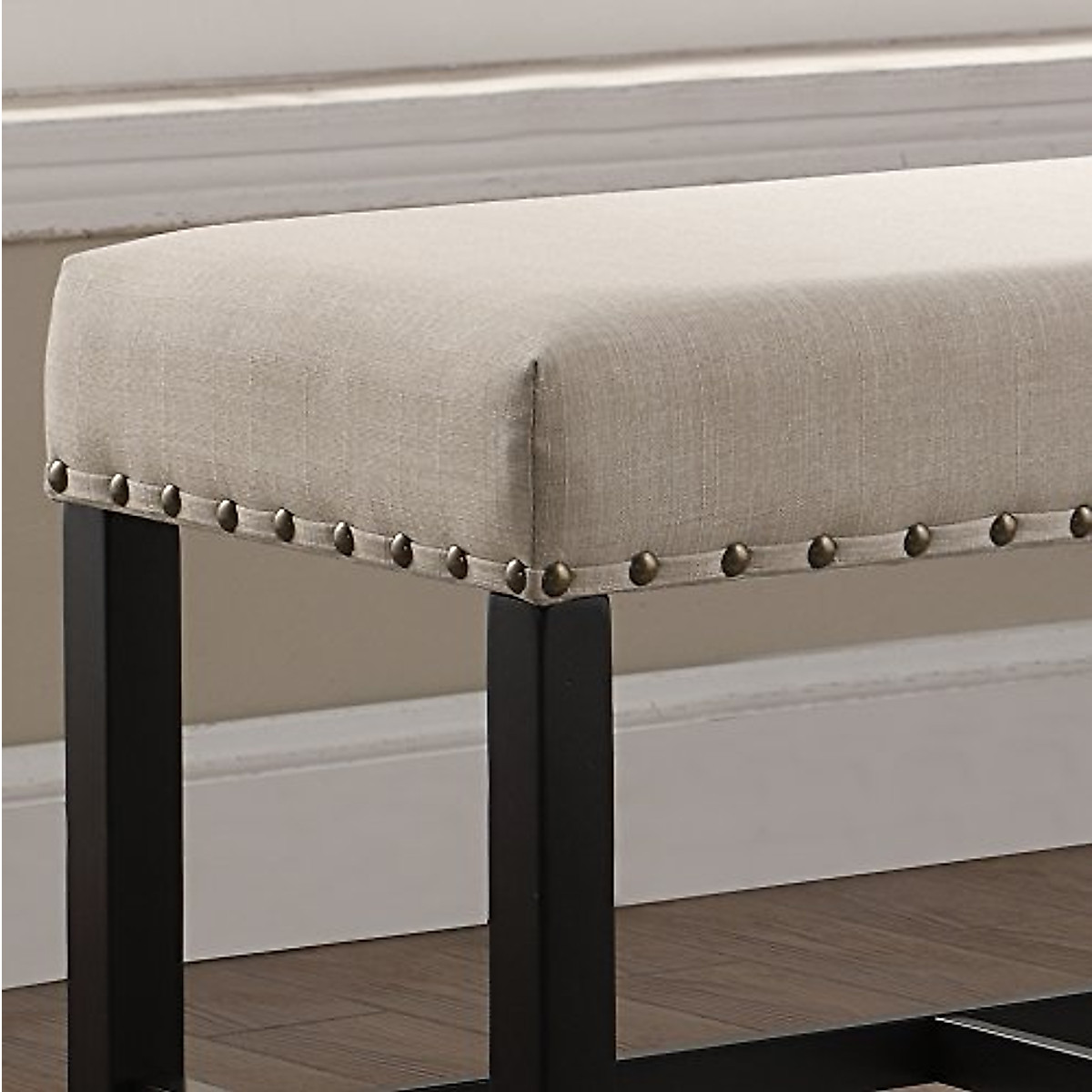 Roundhill Furniture Biony Fabric Counter Height Dining Bench with Nailhead Trim, Tan