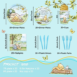 120PCS Winnie Baby Shower Party Supplies Babyshower 1st Party Decorations for Kids Girls Birthday Neutral Pooh Plates Napkin Cups Disposable Tableware Set for 20 Guests