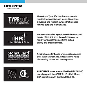 Houzer Stainless Steel 2522-8BS3-1 Glowtone Series Kitchen Sink - 25" Topmount Drop In Multipurpose Sink, Single Bowl Basin, 3 Hole, Ideal for Workstation, RV, Outdoor Kitchen, or Bar