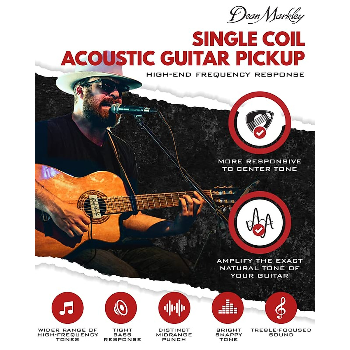 Dean Markley Pro Mag Plus XM Acoustic Guitar Single Coil Pickup, Smooth Maple Wood Design Active Soundhole Pickup Ebony Finish, Perfect String Balance and 15 Ft Low Noise for Steel-String Guitars