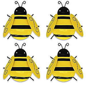 MACLARONX Metal Bumble Bee Yard Art Wall Decor, 4 Pcs 3D Iron Bumblebee for Whreath Rustic Fence Outdoor Garden Accents Sculpture Hanging Decorations Lawn Home Indoor Ornaments
