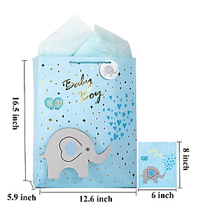 CUTERUI GIFTED 16.5" Extra Large Boy Gift Bags with 3D Elephant Patch for Baby Shower with Tissue Paper and Greeting Card (Blue Baby boy)