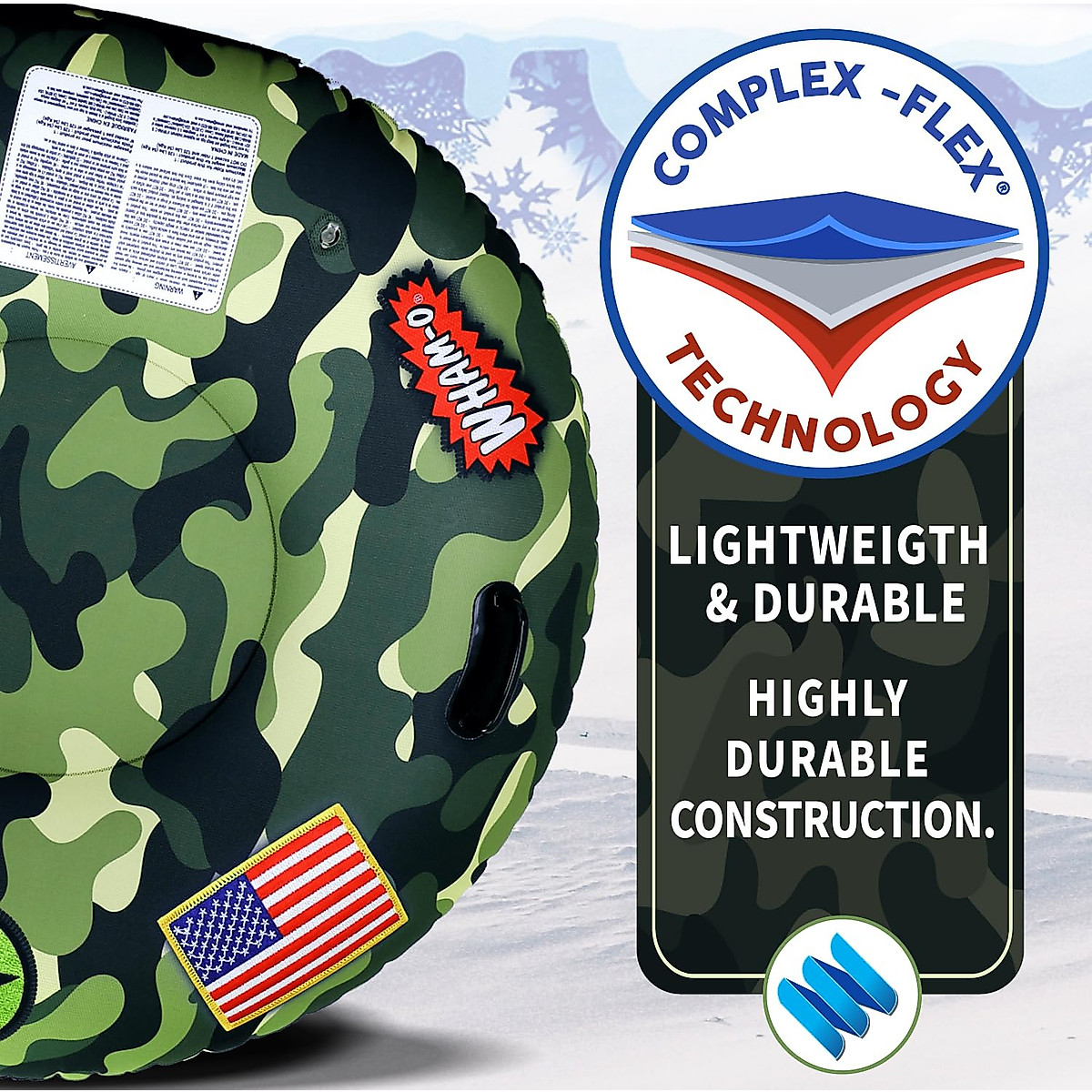 Wham-O Snowboogie Super Snow Tube 46" Oversize Deluxe USA Camo Edition | Single Rider Snow Sleds | Inflatable Snow Sled for Adults & Children