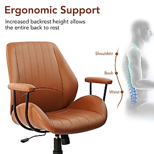 CLATINA Ergonomic Home Office Chair PU Leather Desk Chair with Wheels, Mid Century Modern Swivel Rolling Computer Task Chair with Armrests and Lumbar Support, Brown 400lbs