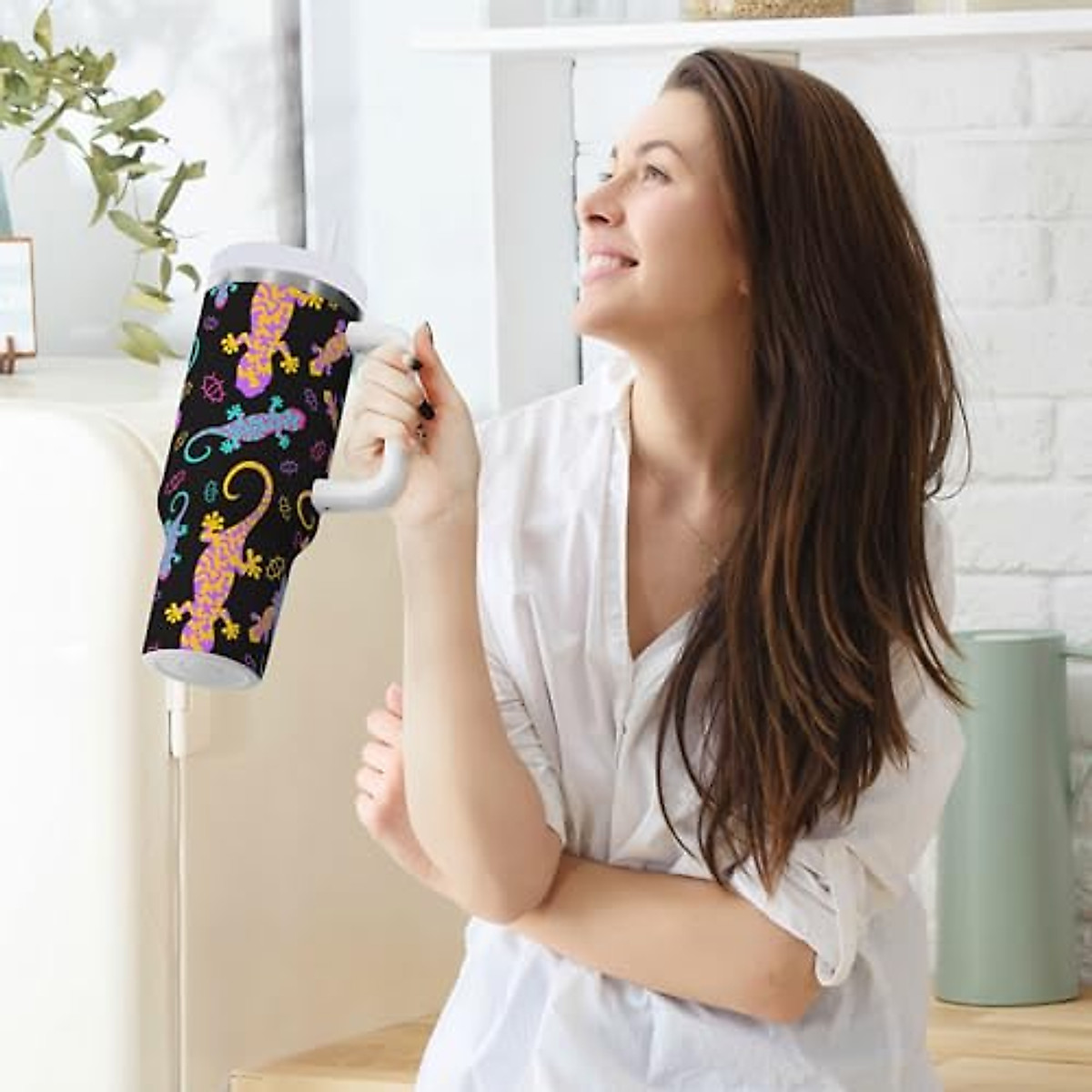 Hippie Gecko Leopard Blue Tumbler with Handle and Straw Lid, 40 oz Insulated Coffee Cup Stainless Steel Water Bottle Travel Mug Cupholder Friendly,Gifts for Women Men