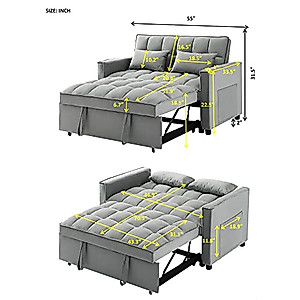 Holaki Convertible Velvet Sleeper Sofa Bed, 55.2" Velvet Loveseat Sofa Modern Pull Out Sofa Bed Lounge Chaise Armchair with Adjustable Backrest,2 Lumbar Pillows,Small Couch for Home Office(Grey)