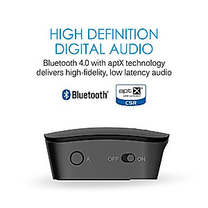 MEE audio Connect Bluetooth Audio Transmitter for up to 2 Bluetooth Wireless Headphones/Speakers, Bluetooth Adapter with AptX Low Latency for TV/PC/Airplane/Gym with 3.5mm Jack/AUX/RCA/Optical input