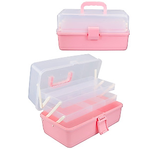 Pink Craft Box Art Box 3-Layer Plastic Portable Storage Box with Handle, Nail Sewing Organizer, Pink Toolbox, Hair Supplies Storage Box