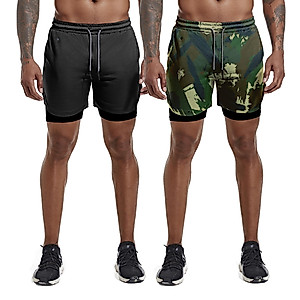 GYMELITE Men's 2 in 1 Workout Running Shorts 7" Gym Yoga Active Sports Shorts Lightweight Training with Phone Pockets(BKCGN M)