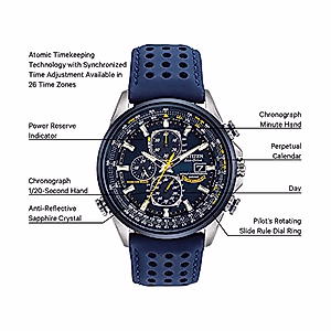 Citizen Men's Eco-Drive Sport Luxury World Chronograph Atomic Time Keeping Watch in Stainless Steel with Blue Polyurethane strap, Blue Dial (Model: AT8020-03L)
