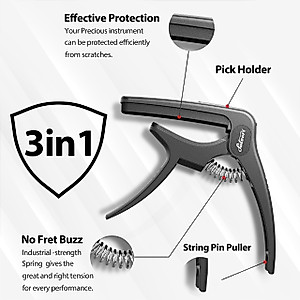 Salvori Exclusive Obsidian Black 'Dark Knight' Heavy-Duty Guitar Capo for Acoustic/Electric Guitar with 4 Picks, Guitar Clip/Guitar Clamp for Classical Guitar, Ukulele, Mandolin and Banjo