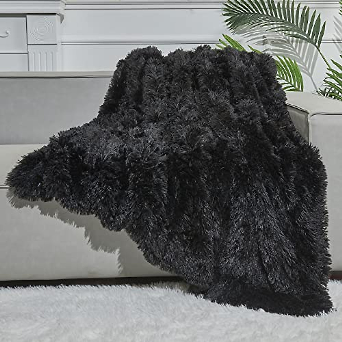 GONAAP Fuzzy Faux Fur Throw Blanket Black Super Soft Cozy Plush Fuzzy Shaggy Blanket for Couch Sofa Bed (Black, Throw(50"x60"))