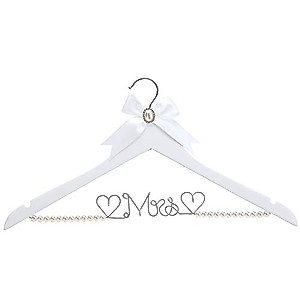 HUIDIAN White Solid Wood Bridal Dress Hanger with Lady Wire Lettering for Bridal Wedding Party Gift (Pearl Silver Thread and White Hanger)