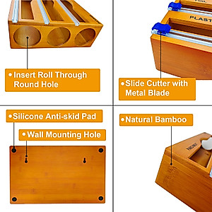 CRAKTH Bamboo Plastic Wrap Dispenser with Cutter, 3 in 1 Storage Organizer for Aluminum Foil & Cling Film & Parchment Paper