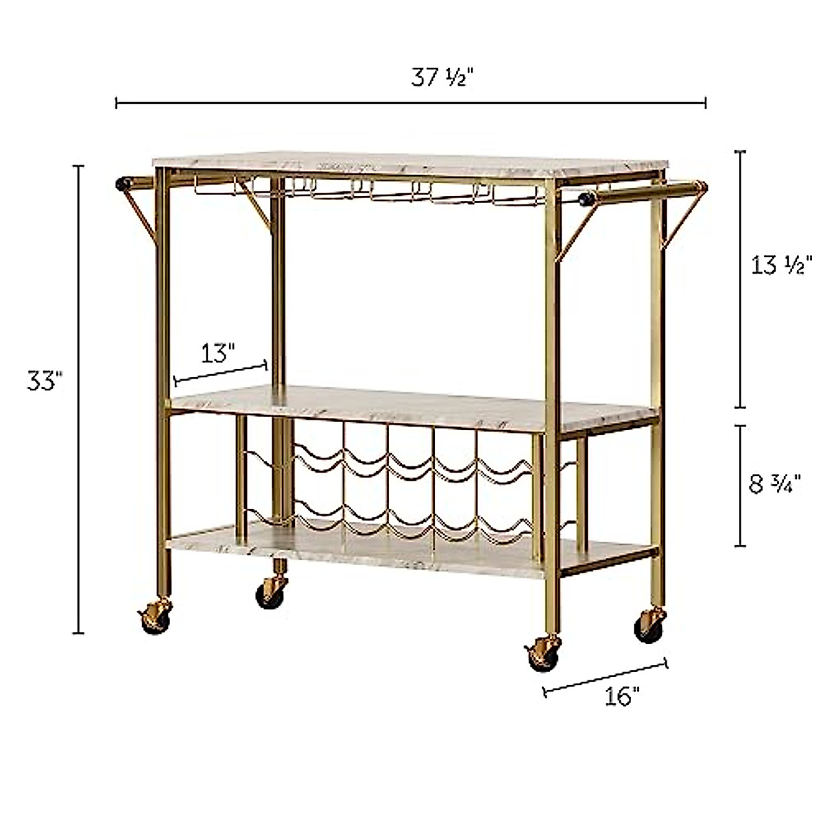 South Shore Maliza Bar Cart Bottle Storage and Wine Glass Rack-Faux Marble and Gold