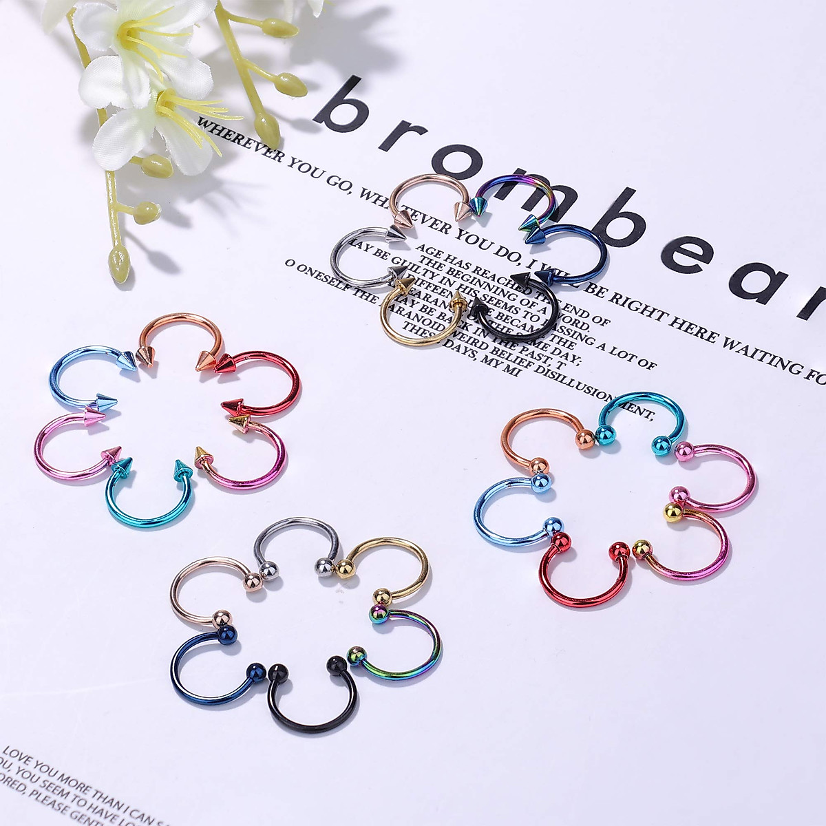 JOERICA 24-30PCS 16G Horseshoe Septum Rings Stainless Steel Nose Circular Barbells Rings Cartilage Tragus Helix Eyebrow Daith Earring Piercings Body Jewelry Ball and Arrow 8mm/10mm