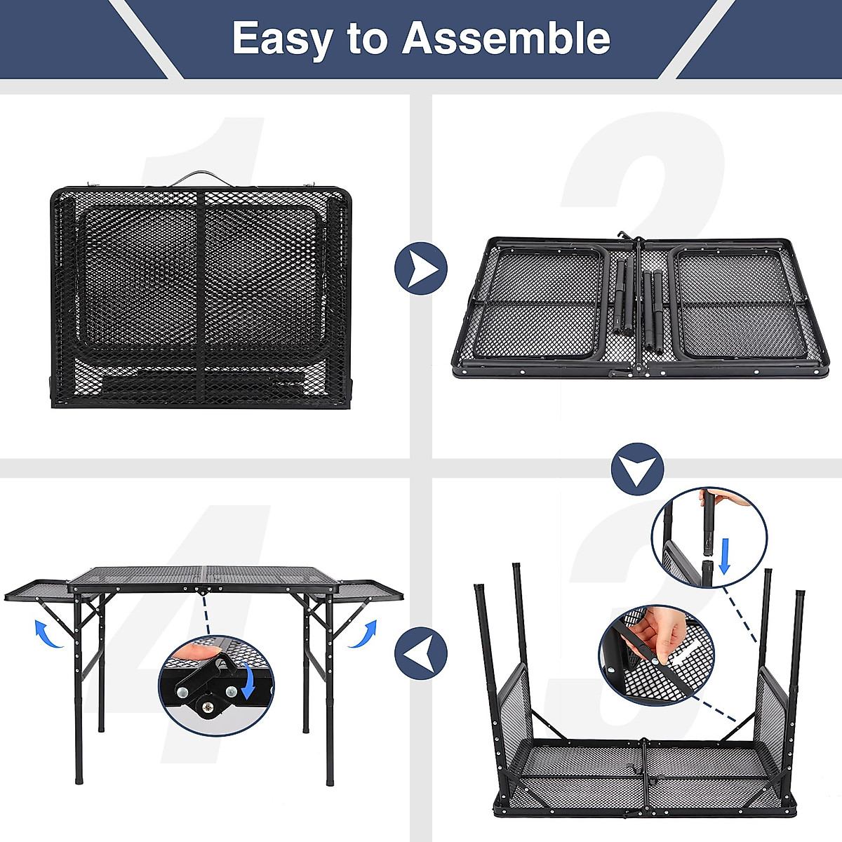 REDCAMP 36x24 Folding Grill Table for Outside with 2 Side Tables, Lightweight Portable Metal Aluminum Outdoor Grill Table with Adjustable Height Legs, Great for Camping Picnic Cooking BBQ, Black 3ft