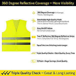 PeerBasics Safety Vests 10 Pack - Yellow Reflective High Visibility, Hi Vis Silver Strip, Men Women, Work, Cycling, Runner, Surveyor, Volunteer, Crossing Guard, Road, Construction, Neon (Mesh, 10)
