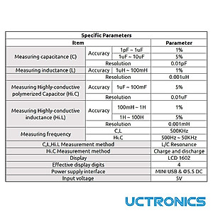 UCTRONICS High Precision Handheld LC Inductor Capacitor Tester, Inductive Capacitance Meter Kit, 1pF-100mF, 1uH-100H