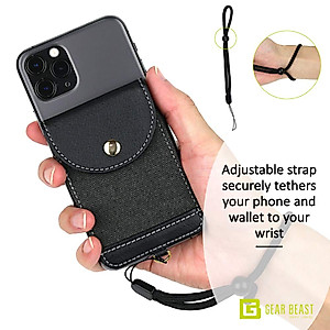Cell Phone Wallet for Back of Phone with Wrist Strap, Stick On Wallet Credit Card ID Holder with RFID Protection Compatible with iPhone, Galaxy & Most Smartphones and Cases