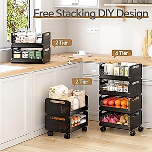 FSLGWRK 4 Tier Rolling Cart, Stackable Metal Kitchen Storage Cart with Wheels, Black