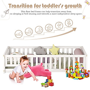 GEEVIVO Twin Size Montessori Floor Bed, Kids 1-3 Wooden Playhouse Bed Frame w/Door, Slats and Safety Fence, Floor-Bed-Frame for Children Bedroom, Boys Girls, Kids Playroom