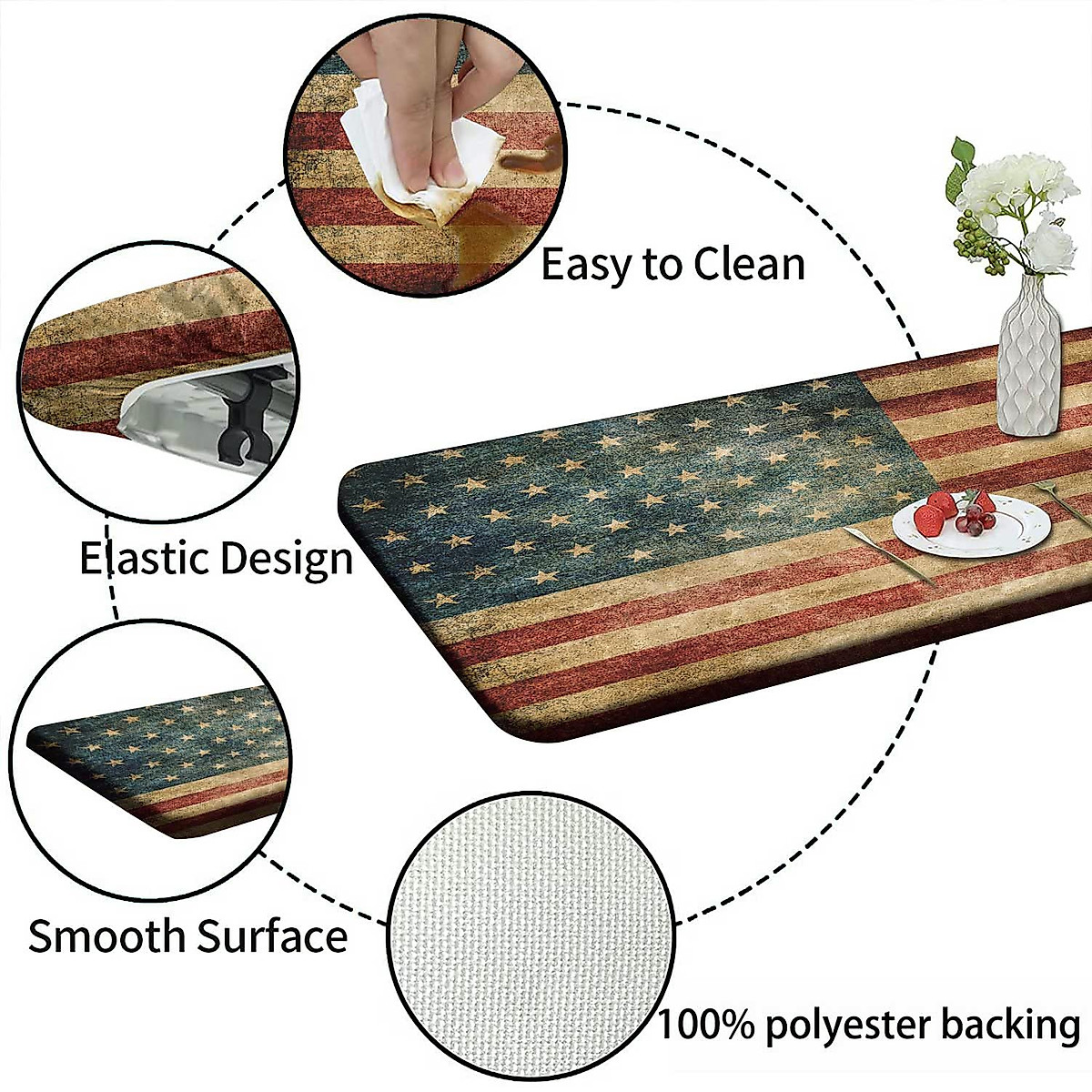 4th of July Rectangle Fitted Tablecloth, American Flag Indenpendence Day Elastic Edged Table Cover, 30x72 Inch, Waterproof Polyester Picnic Table Cloth for Outdoor Indoor Travel Party Patio Use
