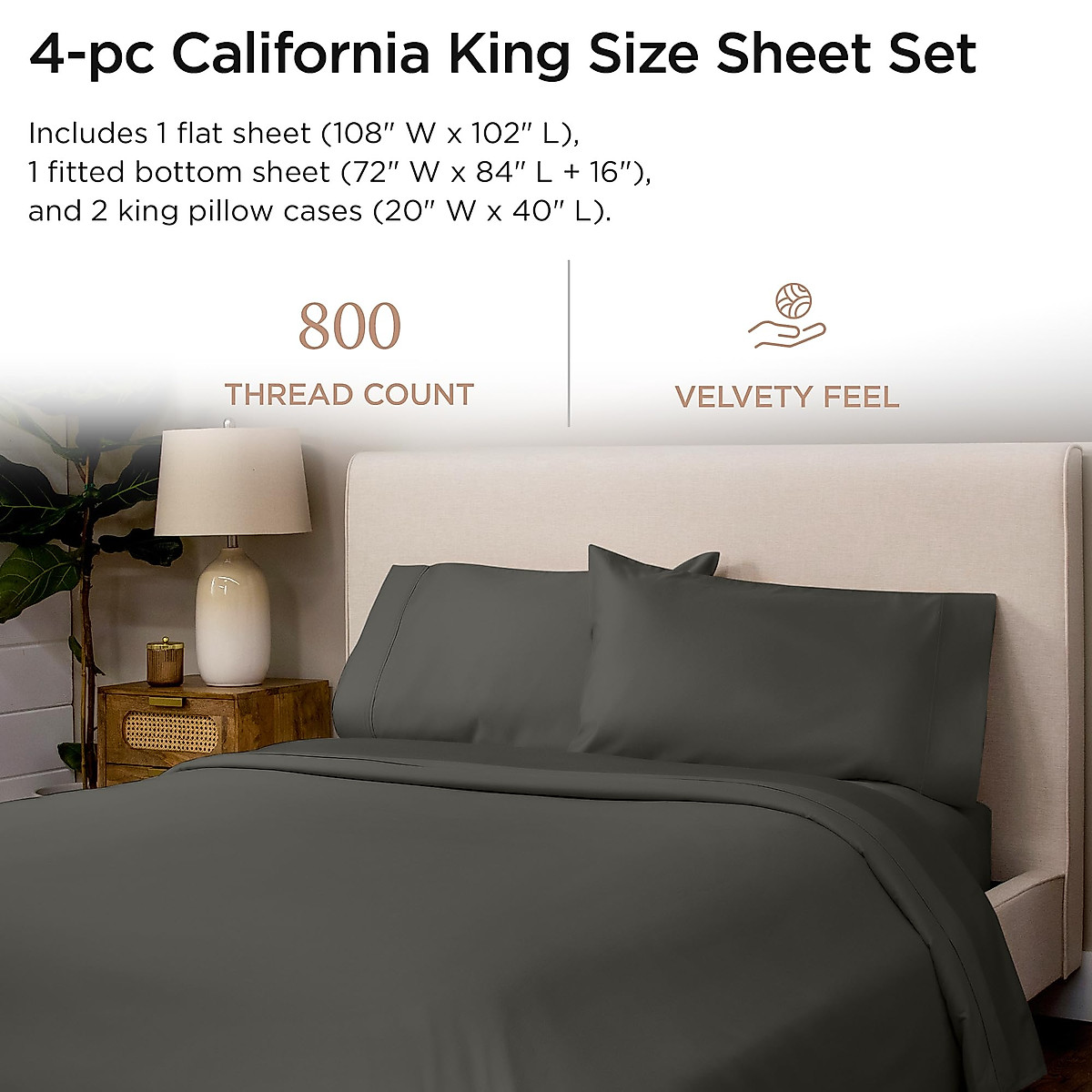 Threadmill Luxury 800 Thread Count California King 100% Cotton Sheets - Dark Grey Sateen Weave Bed-Sheets, Better Than Egyptian Cotton,4 Pc Solid Bedding Set, Fits 16" Deep Pocket