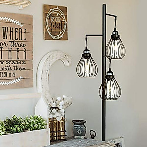 Brightech Teardrop LED Floor Lamp – Tree Standing Lamp with 3 Elegant Cage Heads & Edison Bulbs – Standing Lamp for Living Rooms & Offices – Tall Standing Lamp Ideal for Bedroom Reading – Black