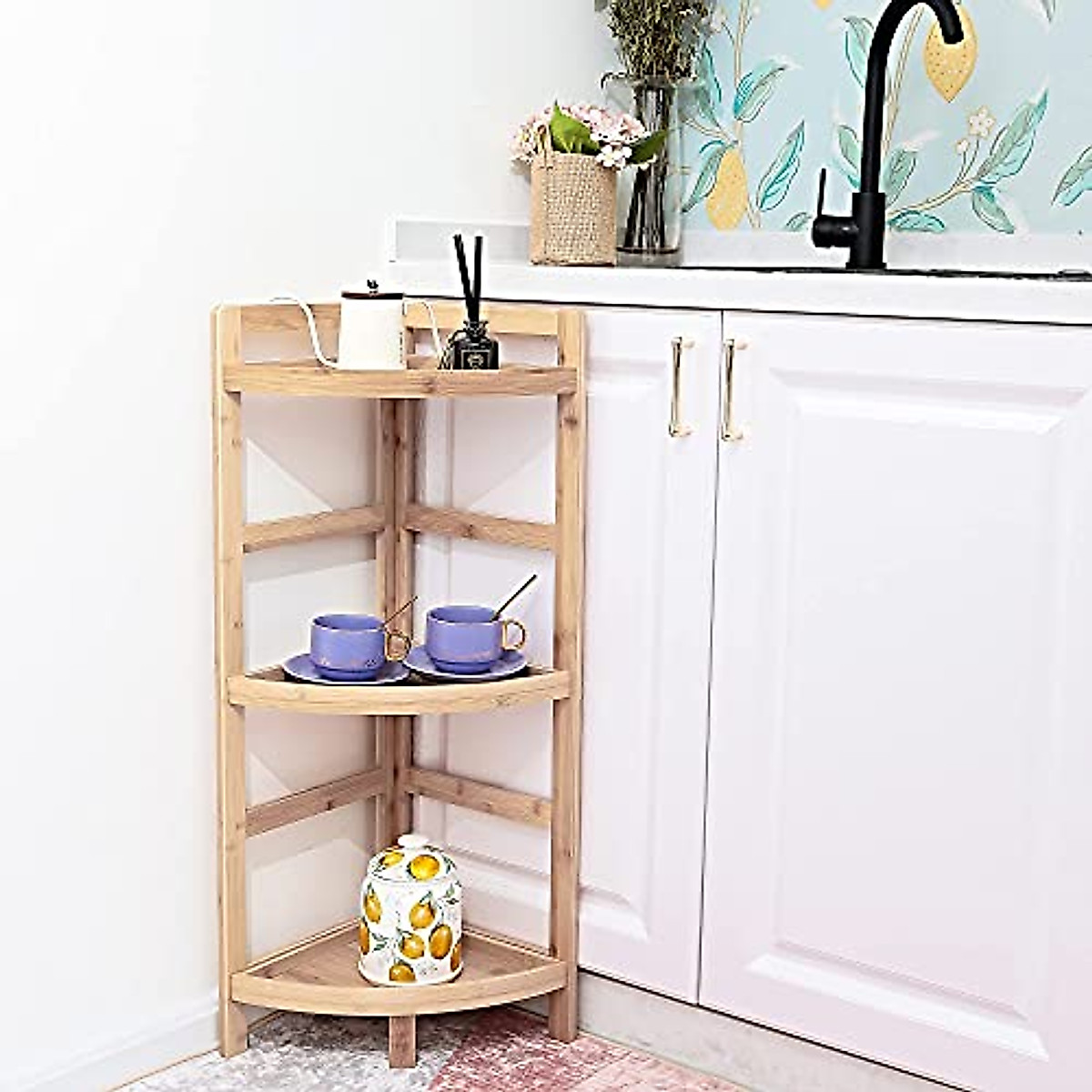 GREEHOMEDE 3 Tier Bamboo Corner Shelf Storage Rack, Free Standing Corner Rack Multipurpose Shelving Unit, Living Room Bathroom Kitchen Shelf Storage, 33.5''